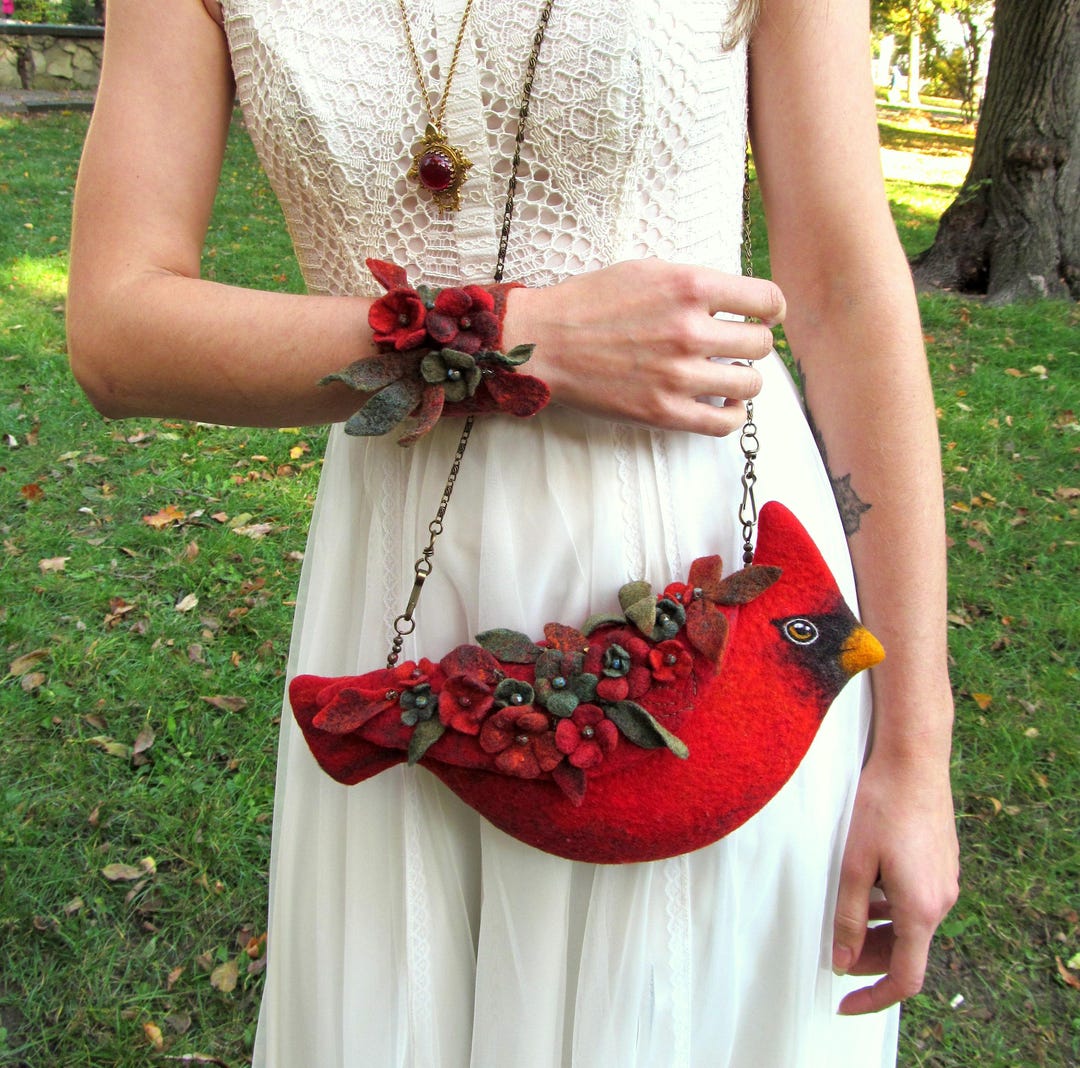 Wool Felted Cardinal Handmade Bird Bag Red Purse Elegant Felted Animal ...