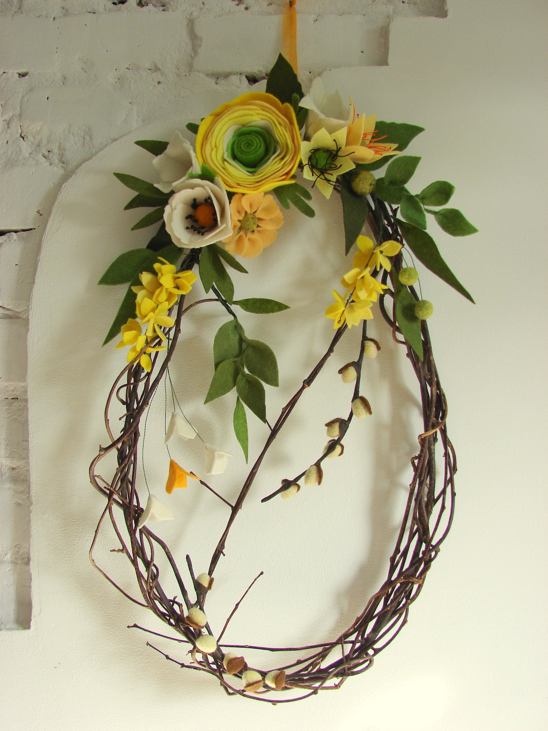 Yellow Green Felt flower Ranunculus wreath Unique spring Felt | Etsy