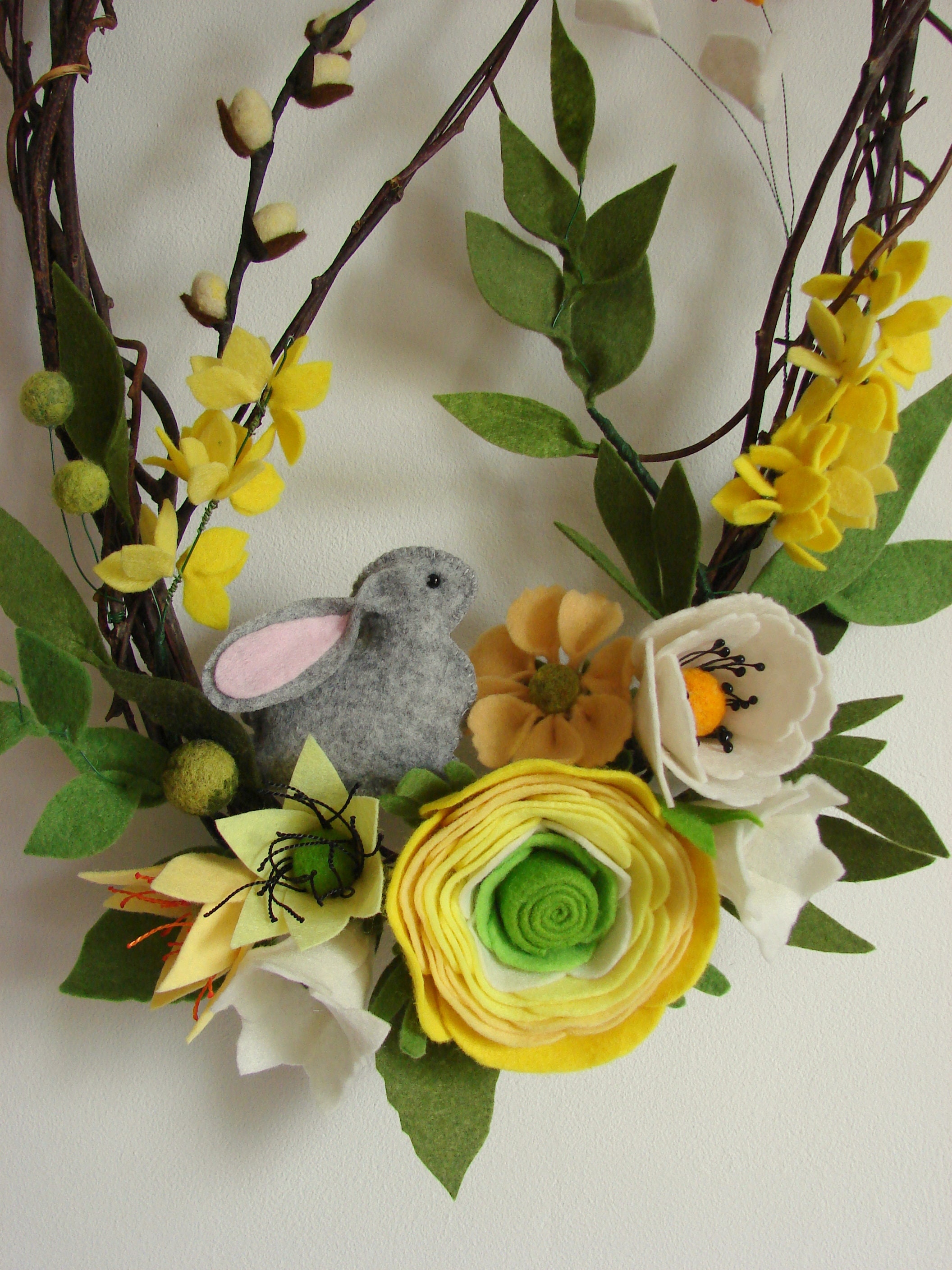 Yellow Green Felt flower Ranunculus wreath Unique spring Felt | Etsy