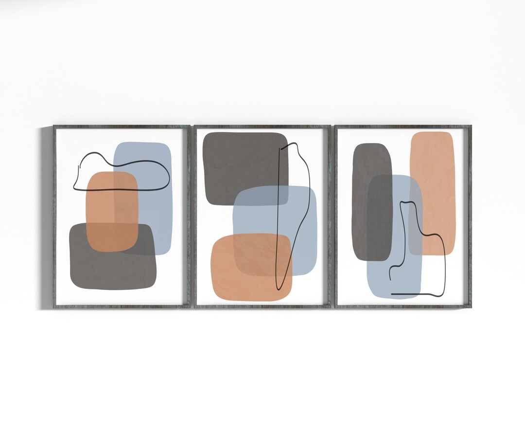 Navy Print Mid-century Modern, Digital Printable Abstract Set of 3 ...