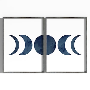 Moon Phases Print Set, Set of Two Prints, Blue Moon Watercolor Art ...