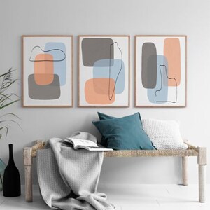 Navy Print Mid-century Modern, Digital Printable Abstract Set of 3 ...