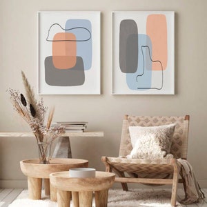 Navy Print Mid-century Modern, Digital Printable Abstract Set of 3 ...