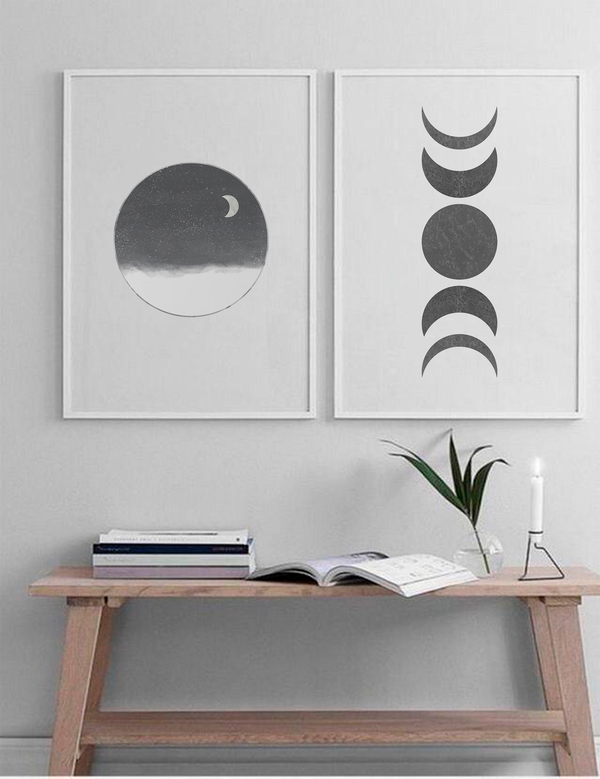 Moon Phases & Cosmic Print Set Set of Two Prints Black White - Etsy
