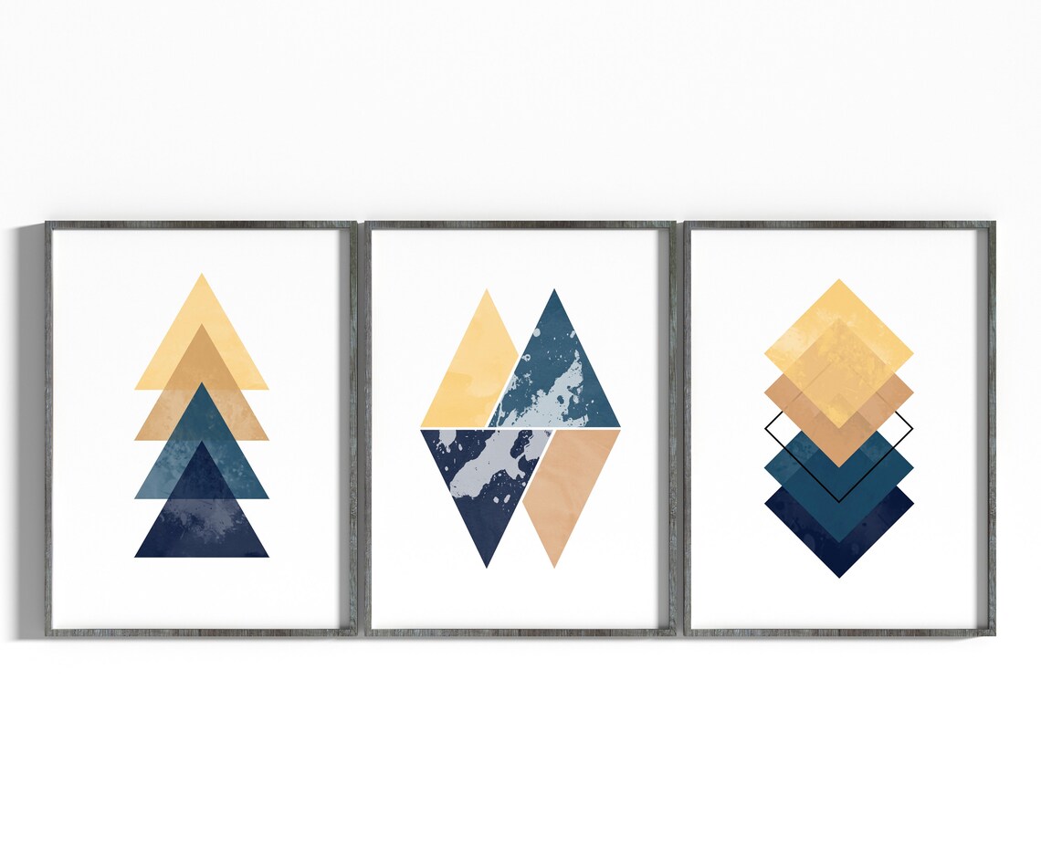 Blue & Yellow Geometric Print Geometric Wall Art Set of 3 - Etsy
