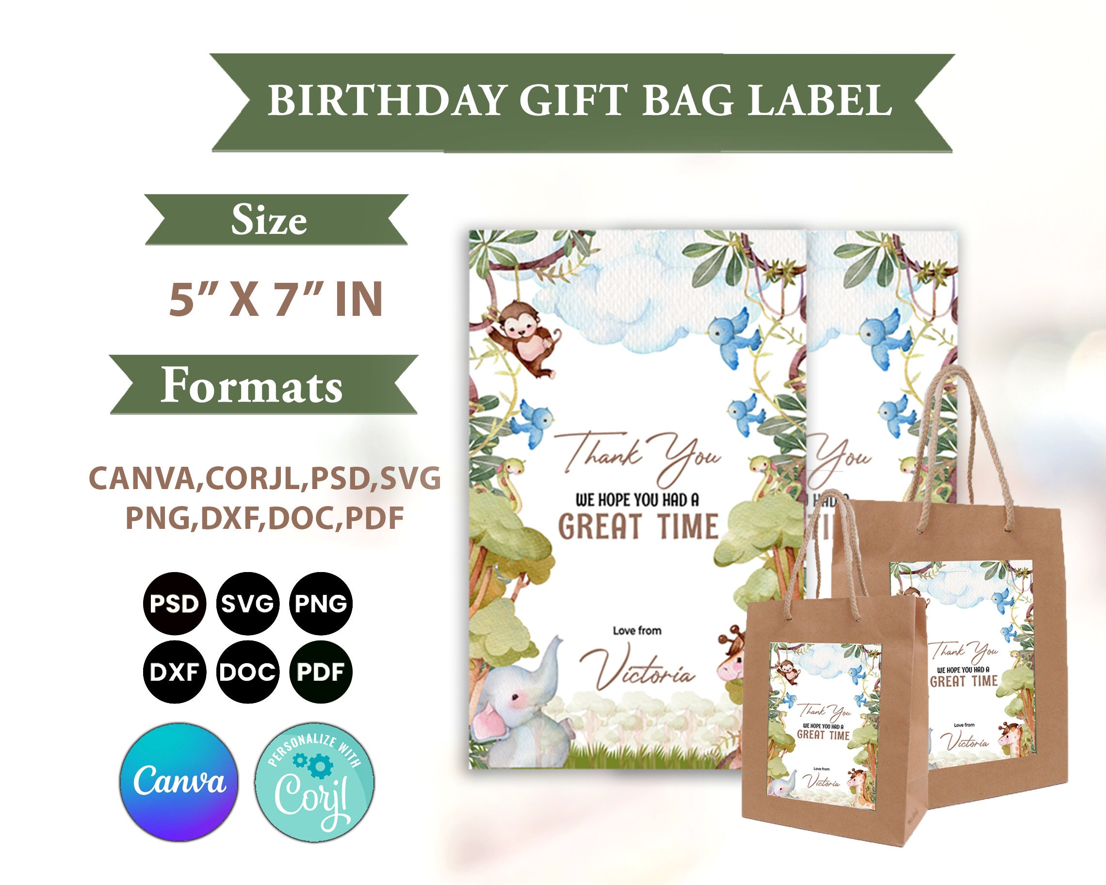 Safari Animals Bags Label, Safari First Birthday Gift, Jungle Birthday ...