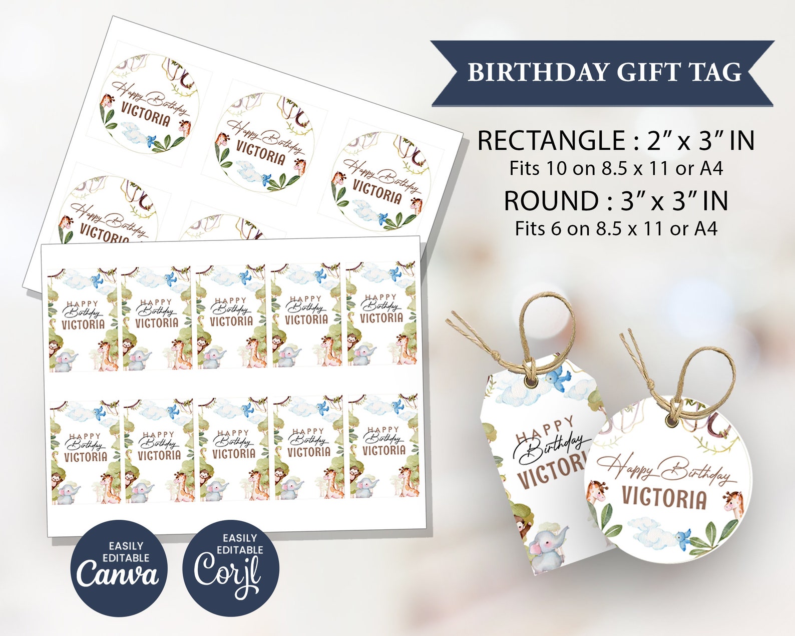 Printable Happy Birthday Tag, Birthday Party Favor Tags, Safari Animals ...