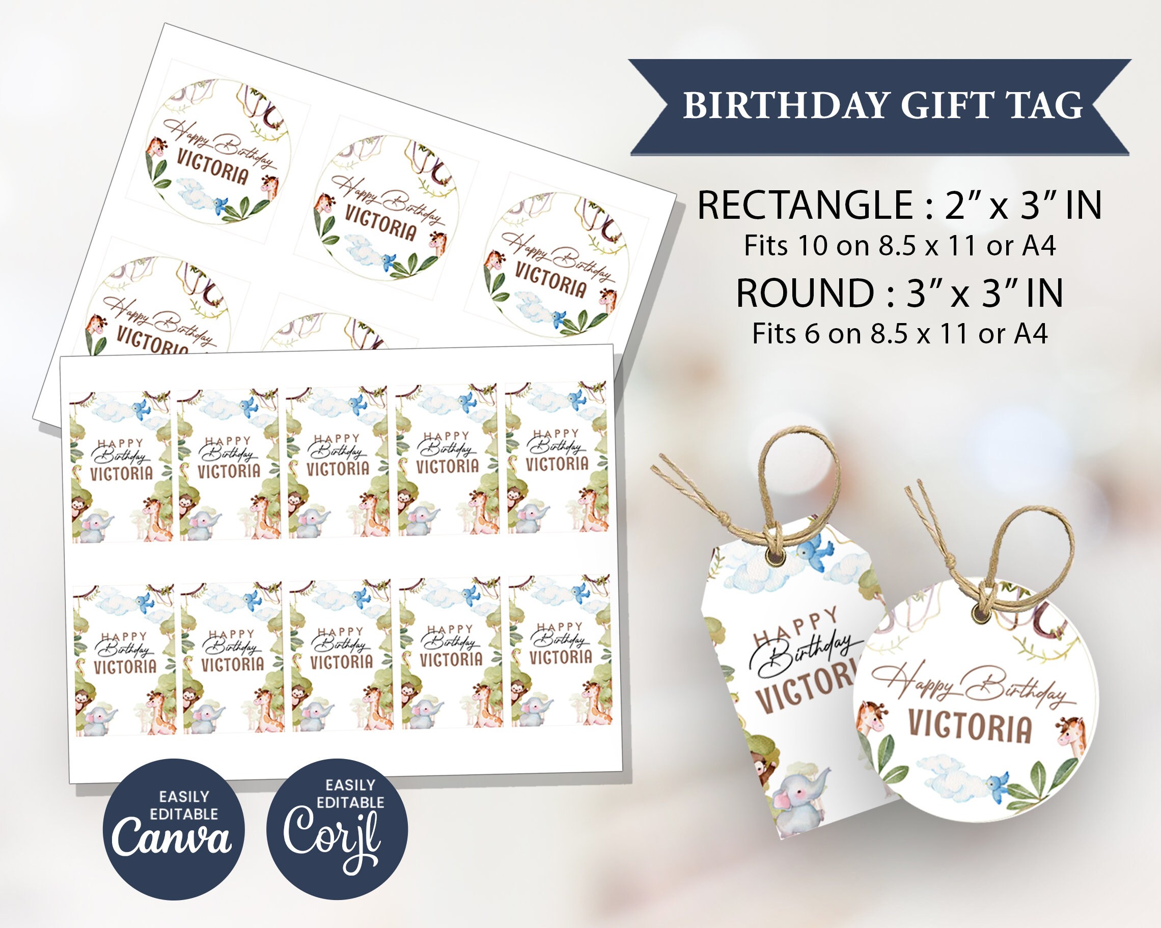 Printable Happy Birthday Tag, Birthday Party Favor Tags, Safari Animals ...