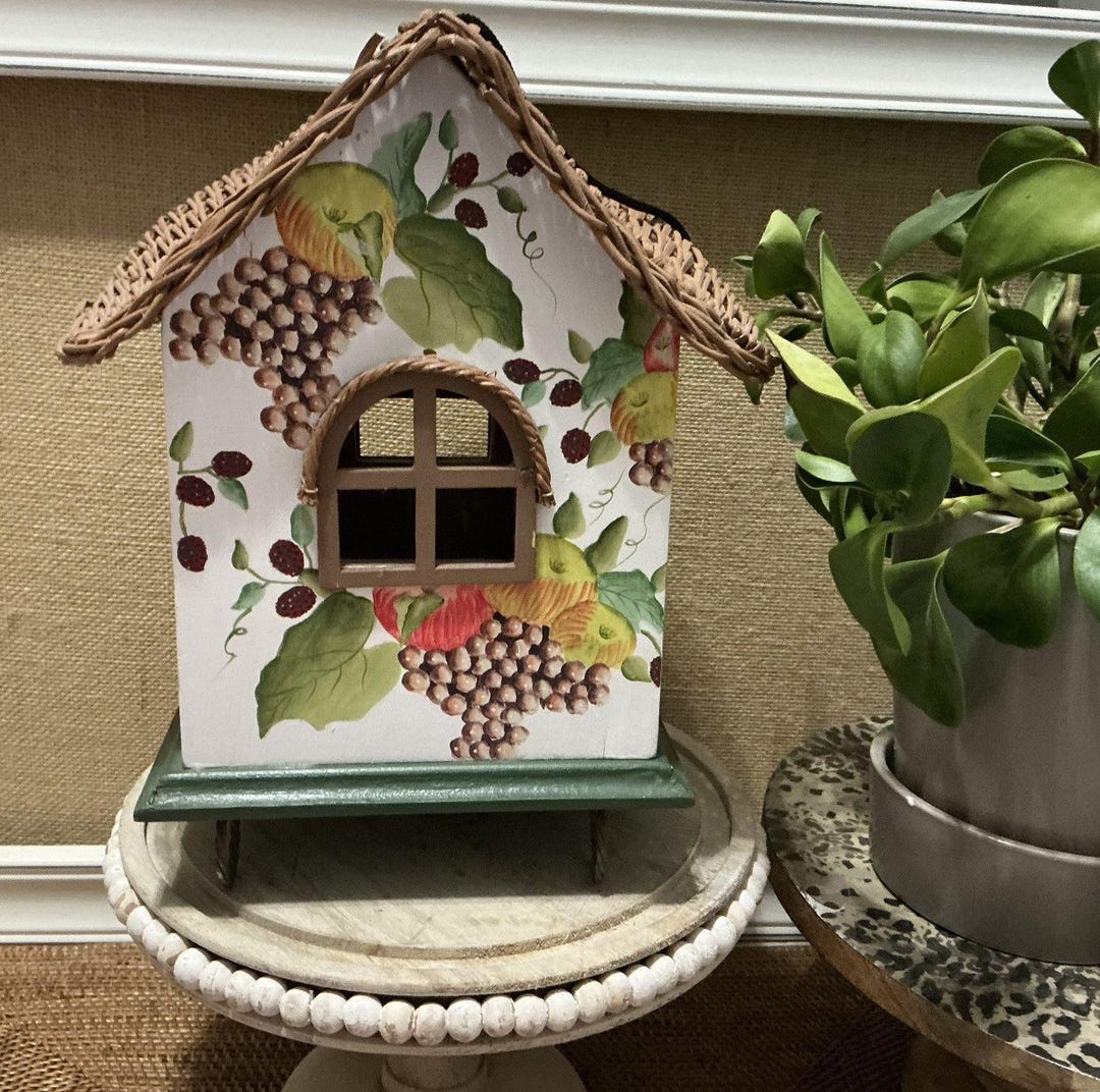 Vtg Wood Bird House Rattan Roof Fruit Design on Metal Legs 10 - Etsy