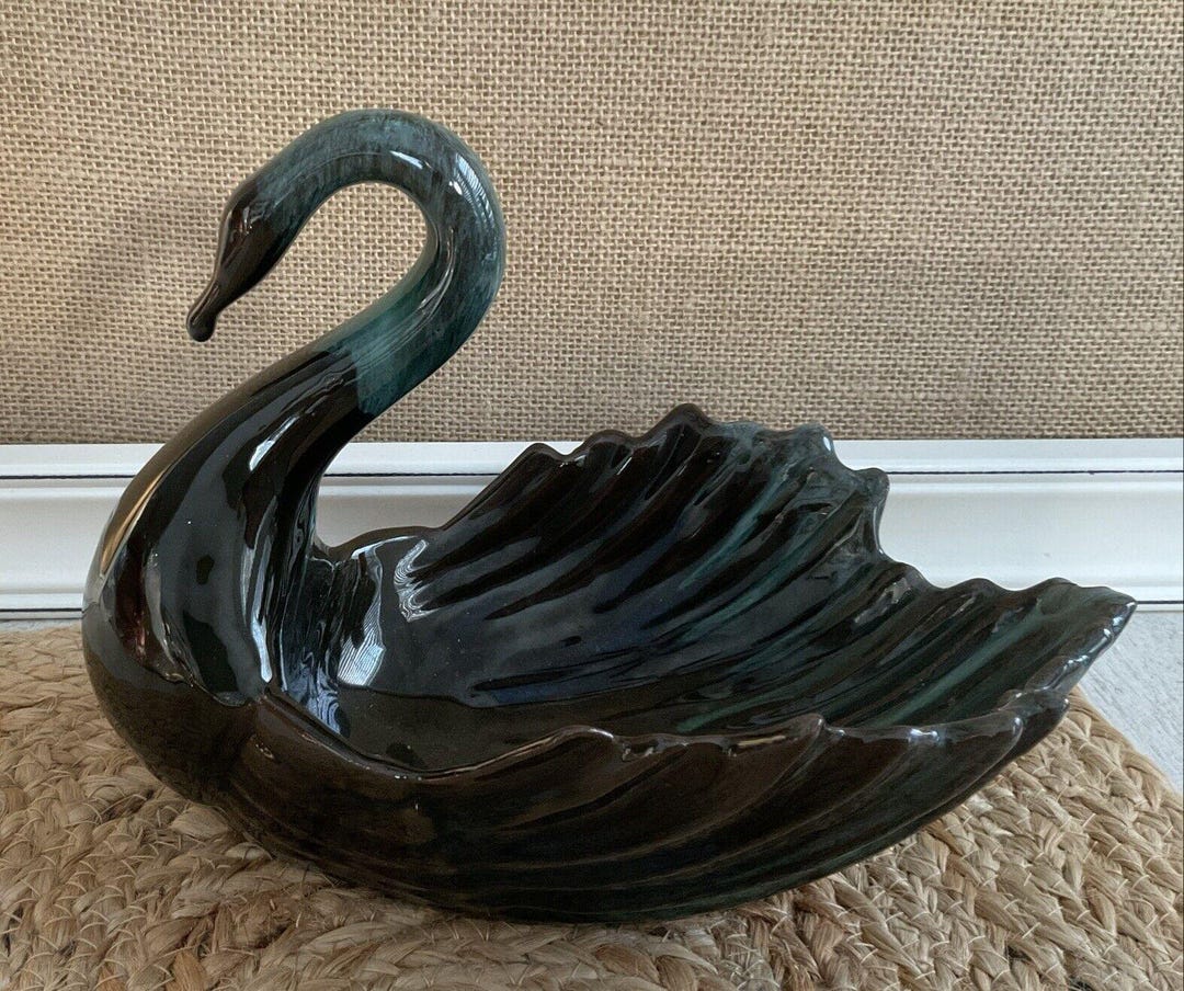 Vtg Enesco Redware Pottery Drip Glazed Swan Planter Black to Teal - Etsy