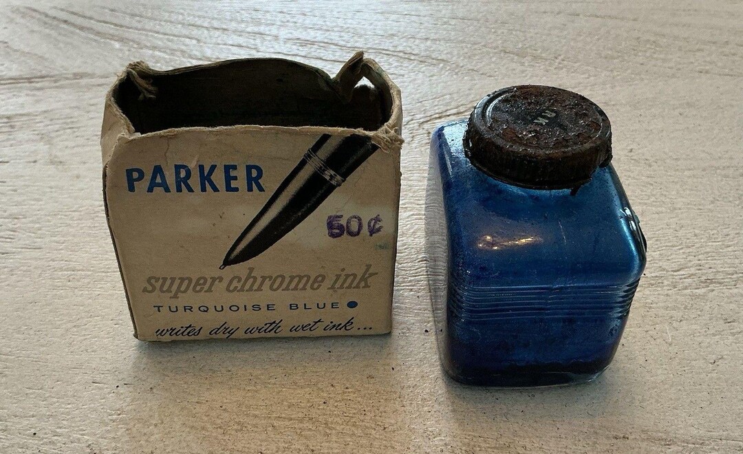 Vintage Original Parker Super Chrome Turquoise Blue Ink Bottle With Box ...