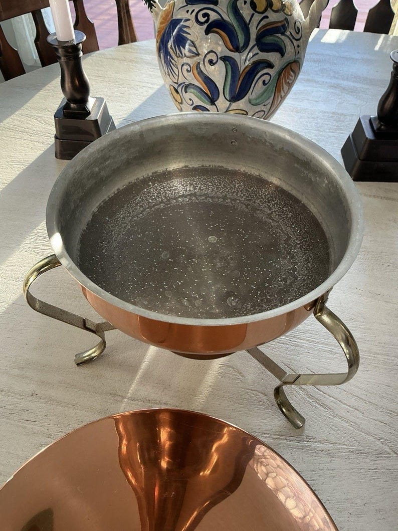 Vintage Copper Warming Pot Brass Chafing Dish Fondue Set Stand Wooden ...