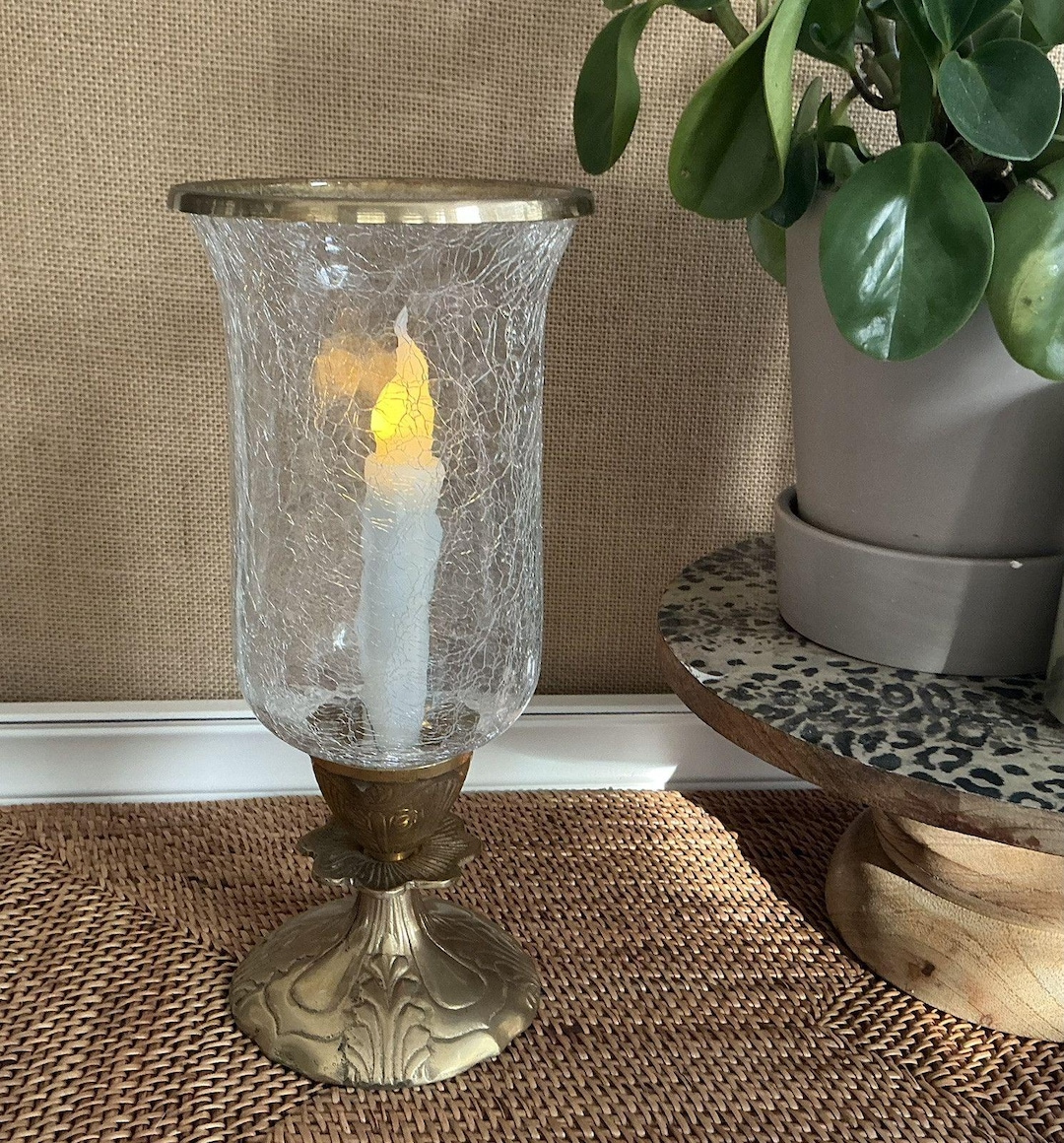Vtg Brass Candle Holder Crackled Glass Globe Gold Trim 11" Tall ...