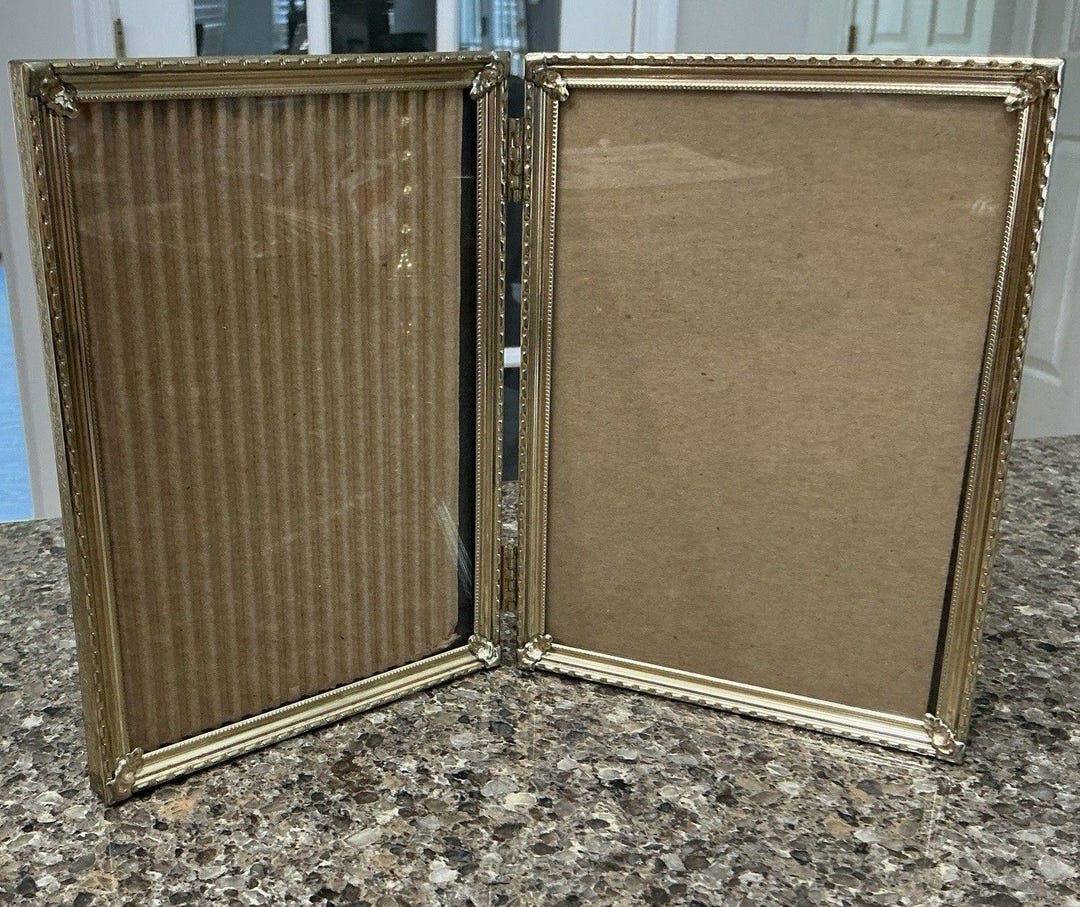 VTG MCM Ornate Gold Tone Metal Bi-fold Double (5"x7")x2 Hinged Picture ...