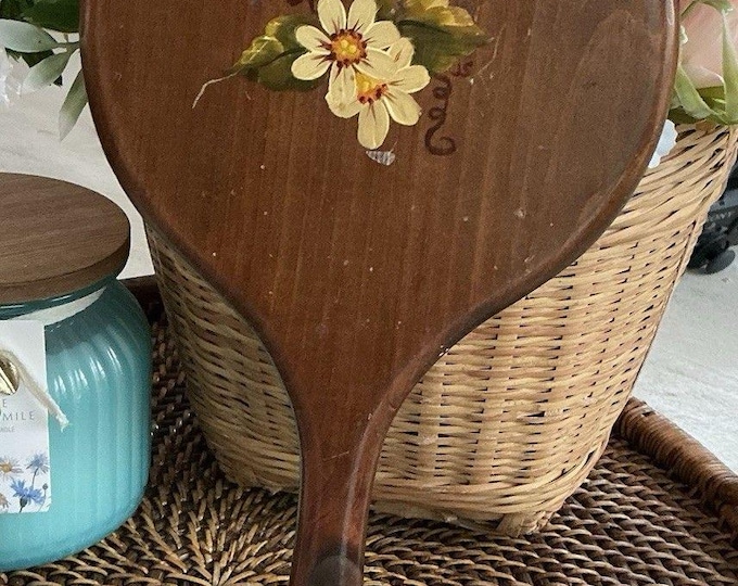 Antique Wooden Hand Mirror Beveled Glass Painted Daisies Vanity Vintage ...