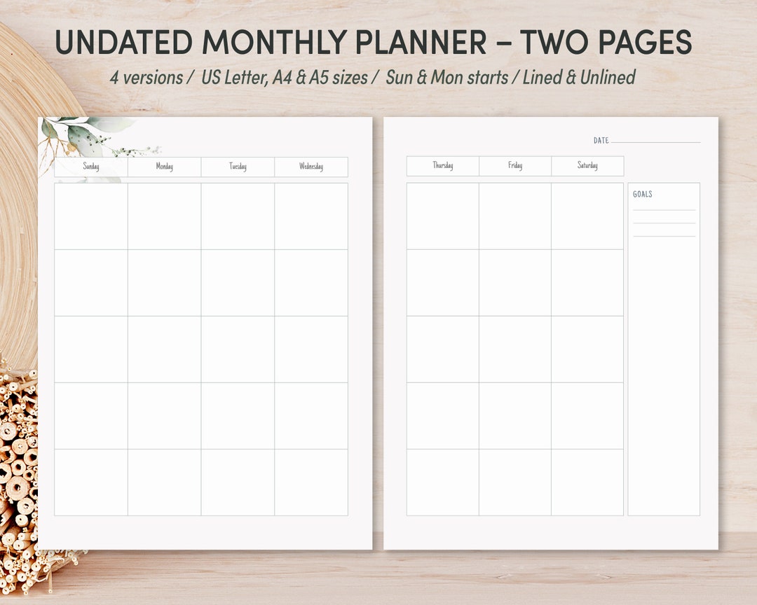 Undated Monthly Calendar, Printable Calendar, Month at a Glance ...