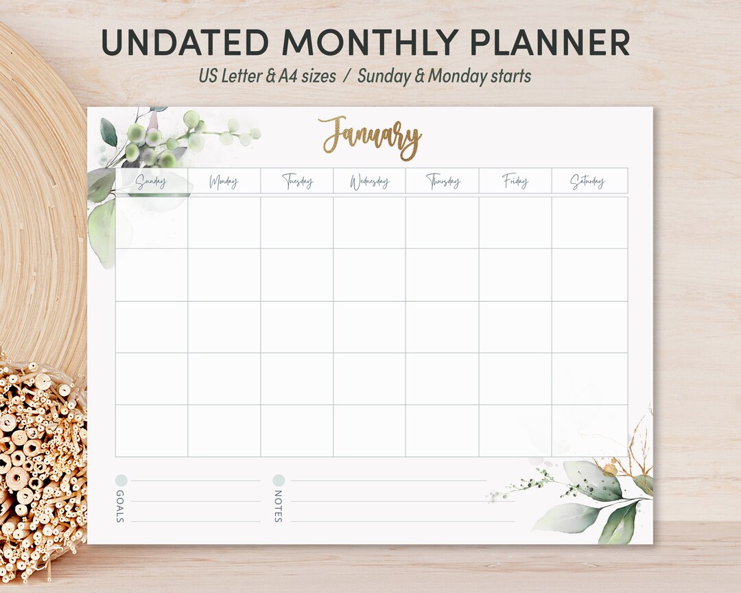Undated Monthly Calendar, Printable Calendar, Month at a Glance ...
