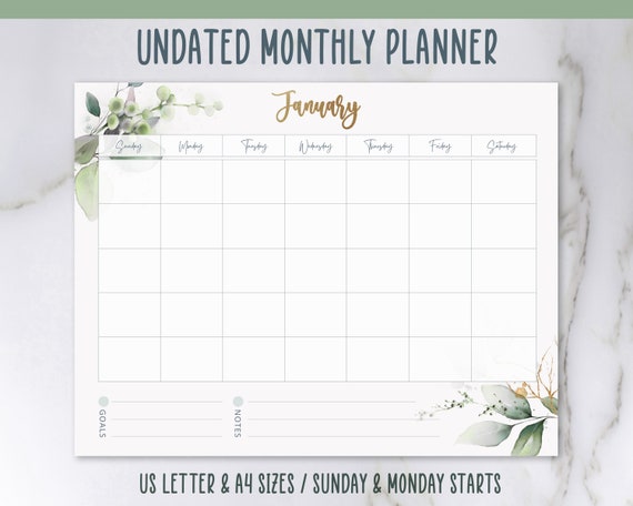 Undated Monthly Calendar Printable Calendar Month at a - Etsy