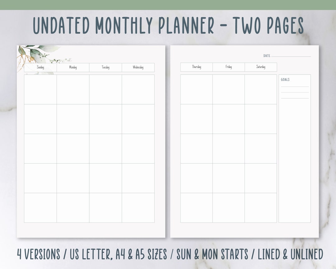 Undated Monthly Calendar Printable Calendar Month at a - Etsy