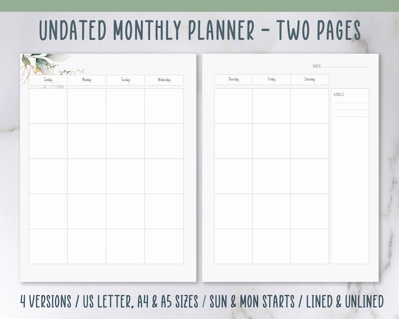 Undated Monthly Calendar Printable Calendar Month at a - Etsy