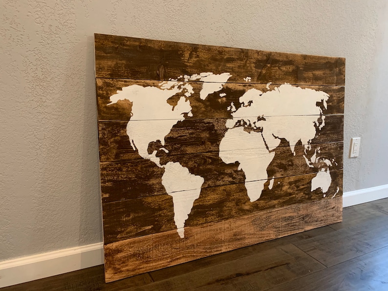Extra Large 48 Inch Wooden Map, Rustic Wood, World Map Painting, Map of ...