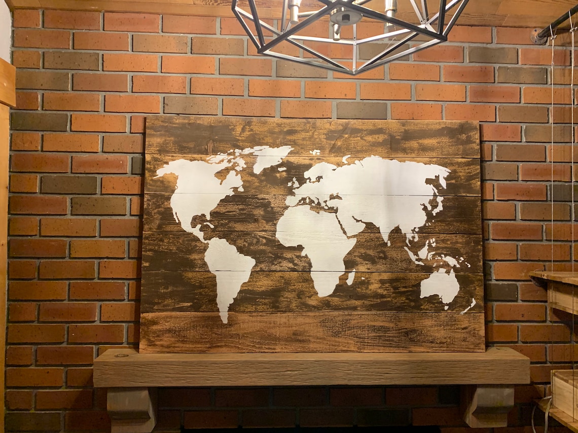 Extra Large 48 Inch Wooden Map, Rustic Wood, World Map Painting, Map of ...