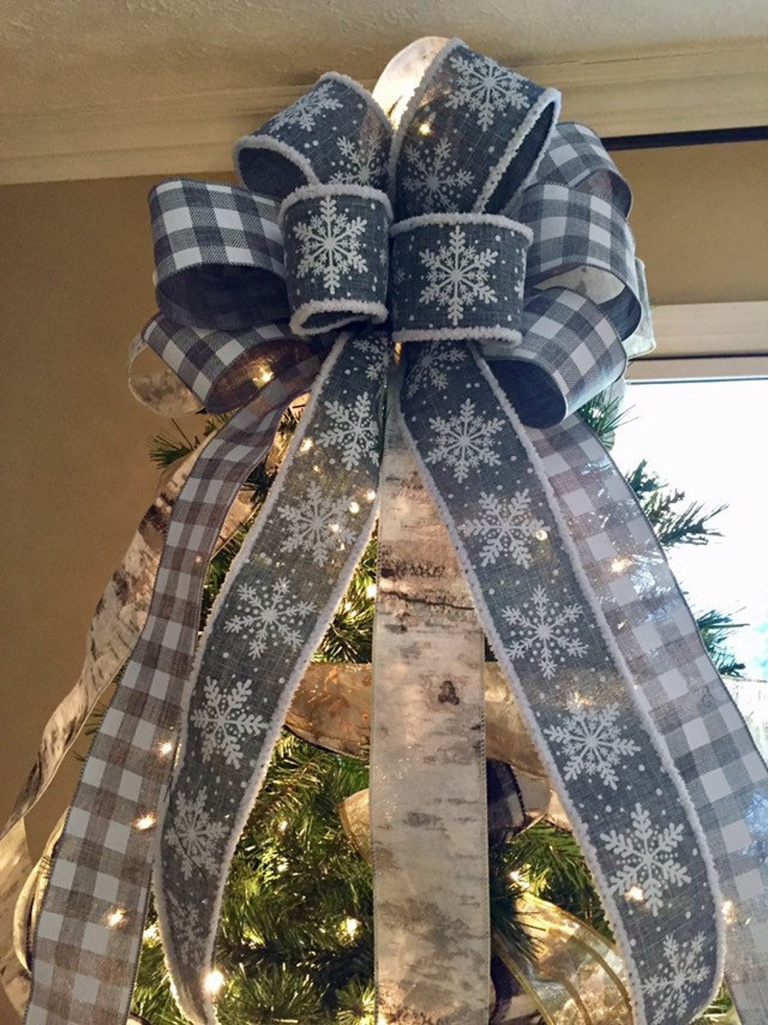 Christmas Tree Topper, Buffalo Check Tree Topper, Gray Christmas Tree ...