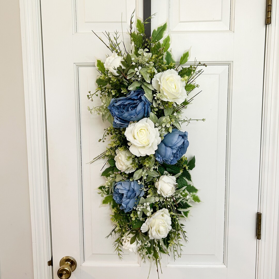 Everyday Blue Hydrangea Swag Wreath for Front Door, Hydrangea Twig Swag ...
