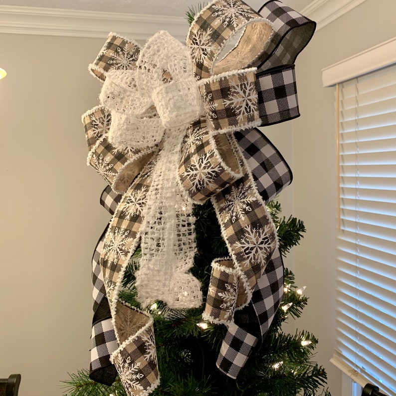Neutral Farmhouse Buffalo Check Christmas Tree Topper Bow - Etsy