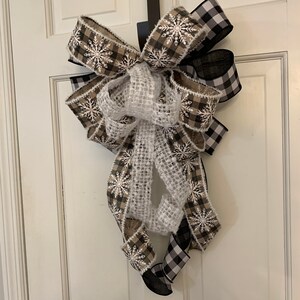 Neutral Farmhouse Buffalo Check Christmas Tree Topper Bow, Snowflake ...