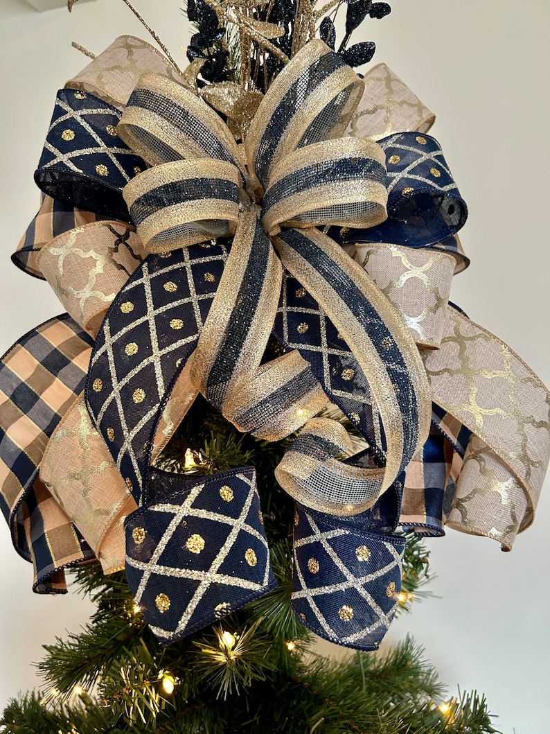 Navy and Gold Christmas Tree Bow Topper Elegant Holiday Tree - Etsy