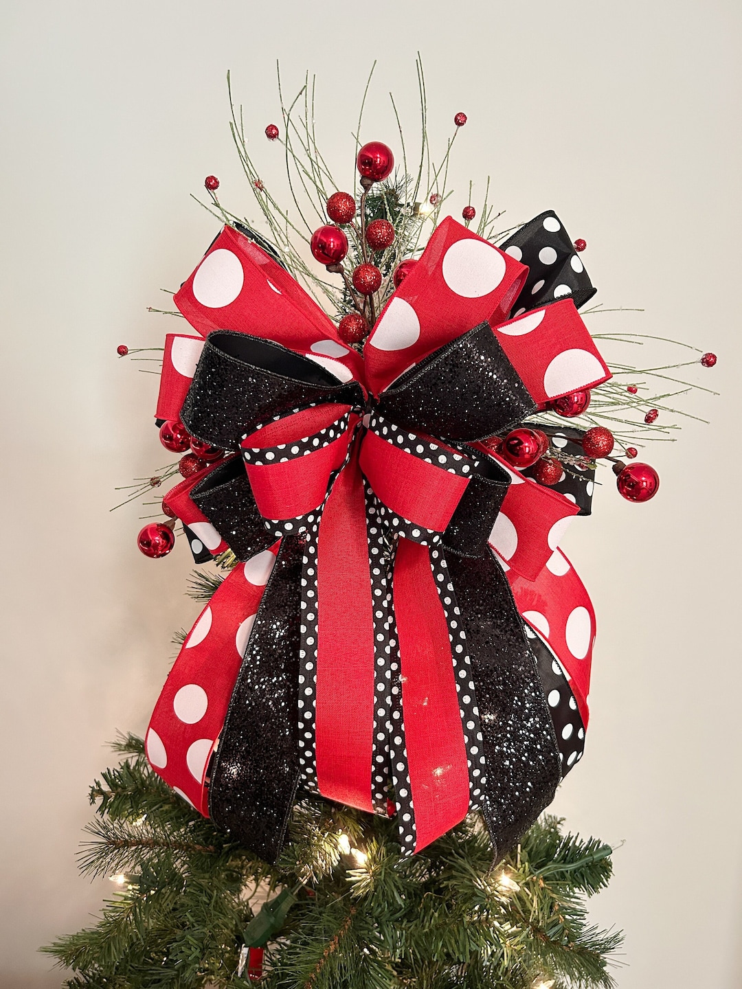 Fun Merry Christmas Tree Topper, Whimsical Polka Dot Bow Tree Topper ...