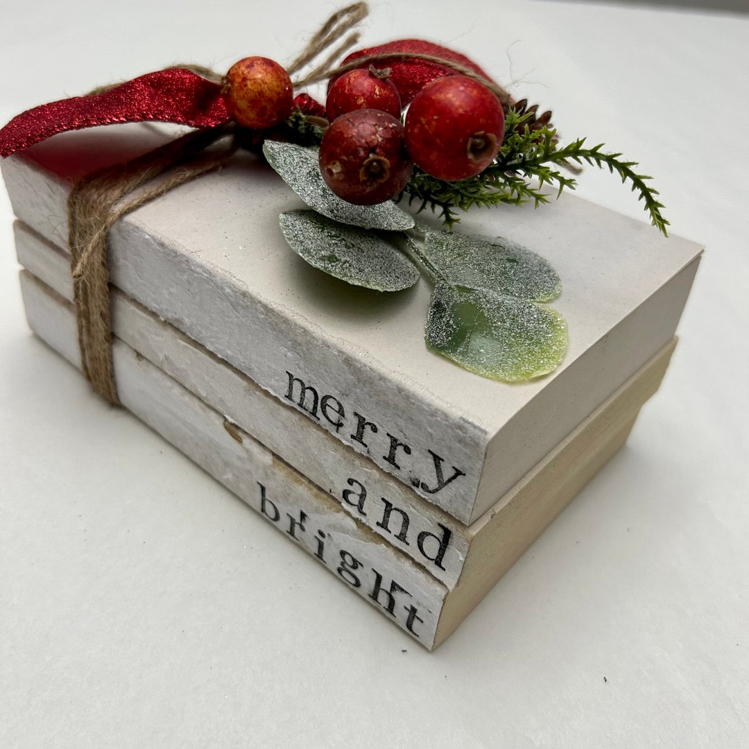 Christmas Hand-stamped Book Stack With Greenery, Rustic Stack of ...