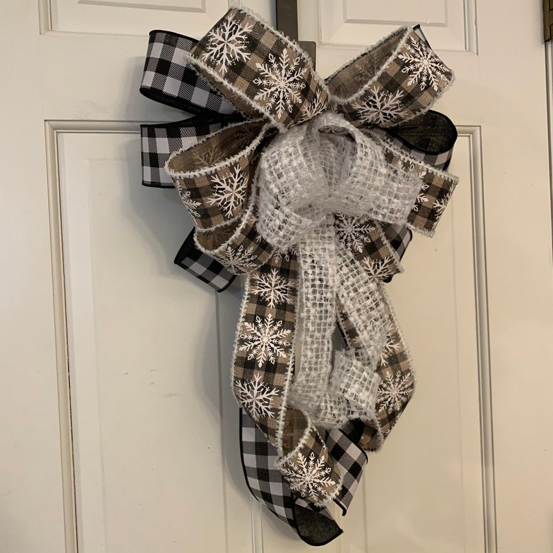 Neutral Farmhouse Buffalo Check Christmas Tree Topper Bow - Etsy