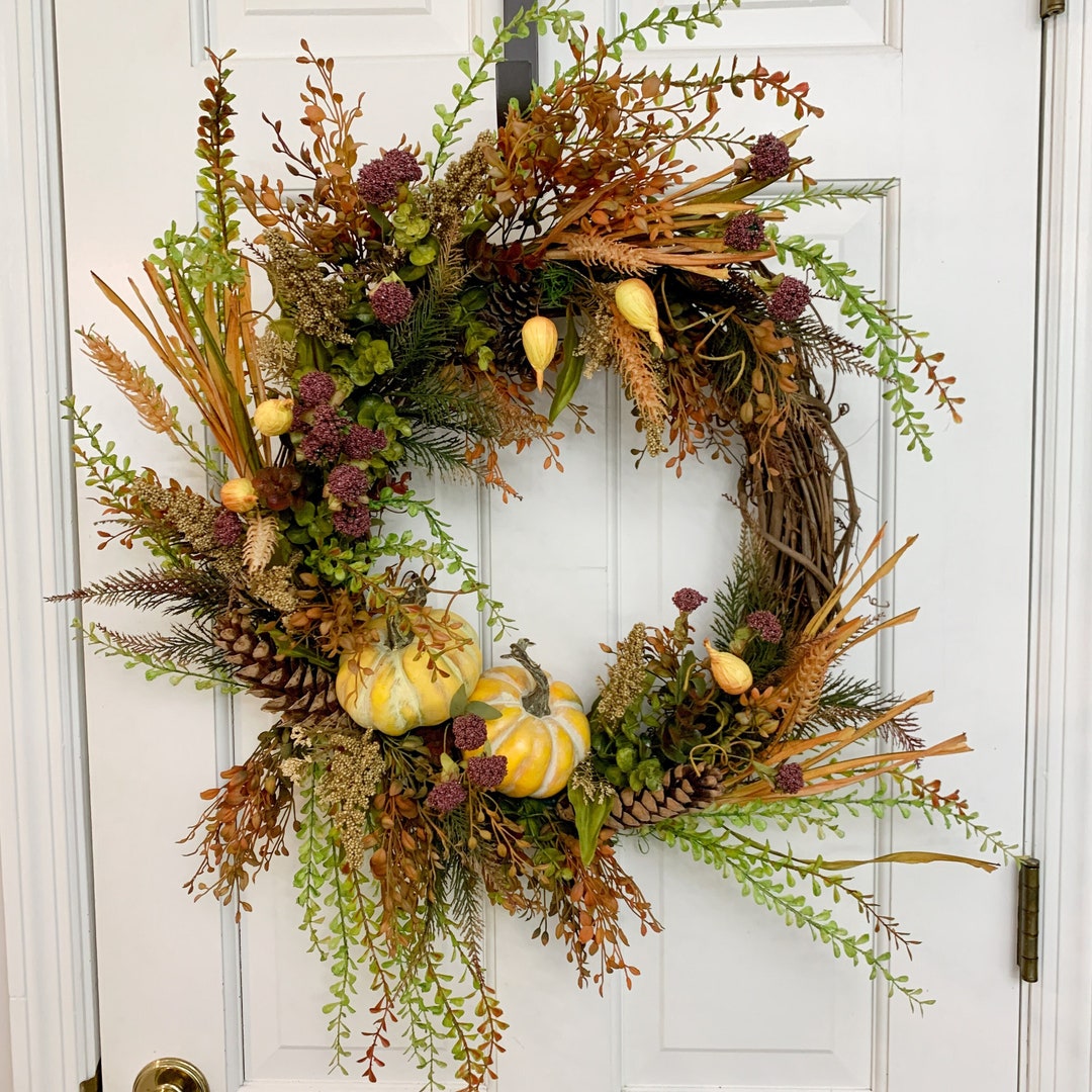 Fall Wreath for Front Door With Pumpkins, Rustic Outdoor Fall Decor ...