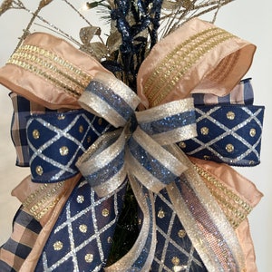Navy and Gold Christmas Tree Bow Topper, Elegant Holiday Tree Glitter ...