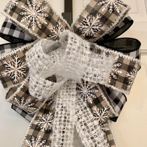 Neutral Farmhouse Buffalo Check Christmas Tree Topper Bow, Snowflake ...