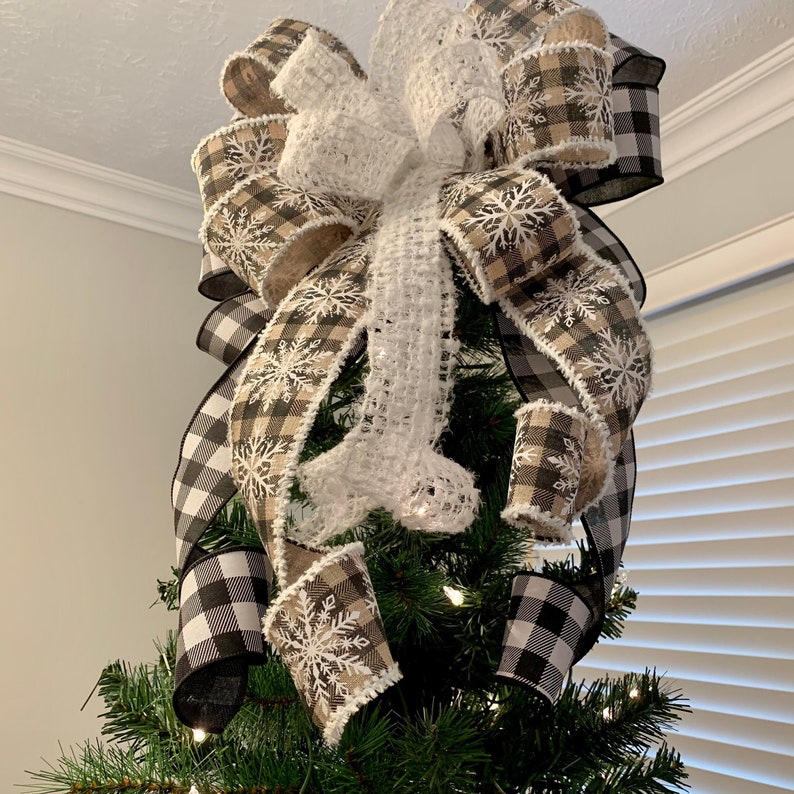Neutral Farmhouse Buffalo Check Christmas Tree Topper Bow - Etsy
