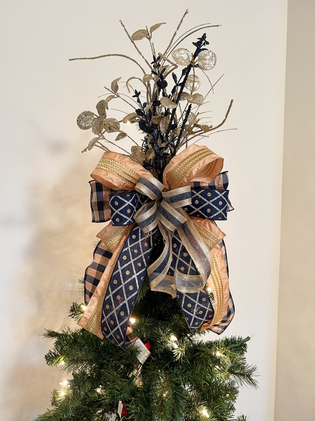 Navy and Gold Christmas Tree Bow Topper, Elegant Holiday Tree Glitter ...