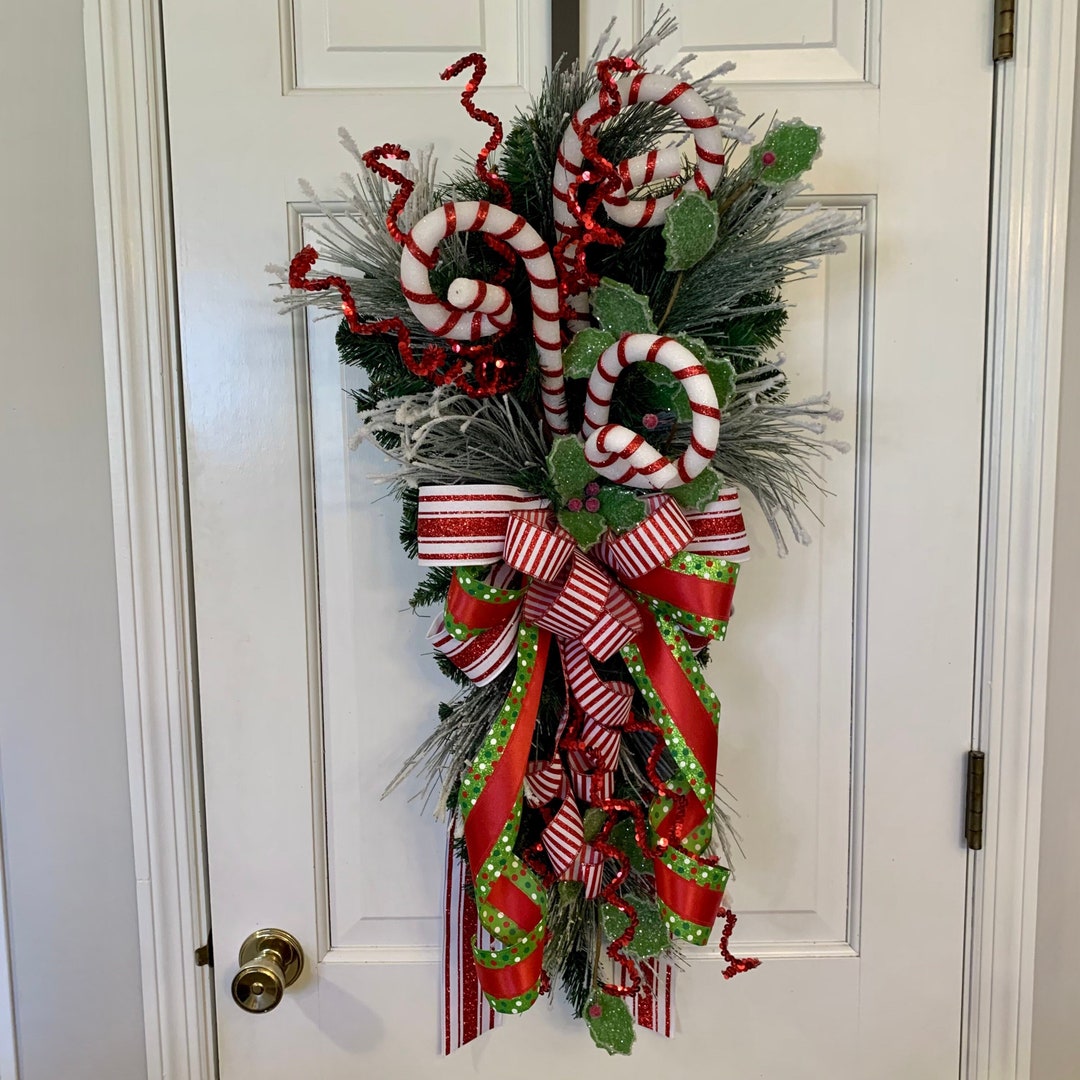 Fun Whimsical Christmas Candy Cane Swag for Front Door, Sparkling ...
