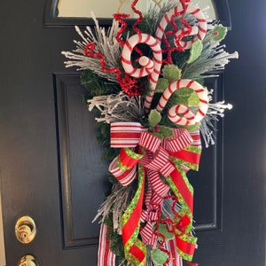 Fun Whimsical Christmas Candy Cane Swag for Front Door, Sparkling ...