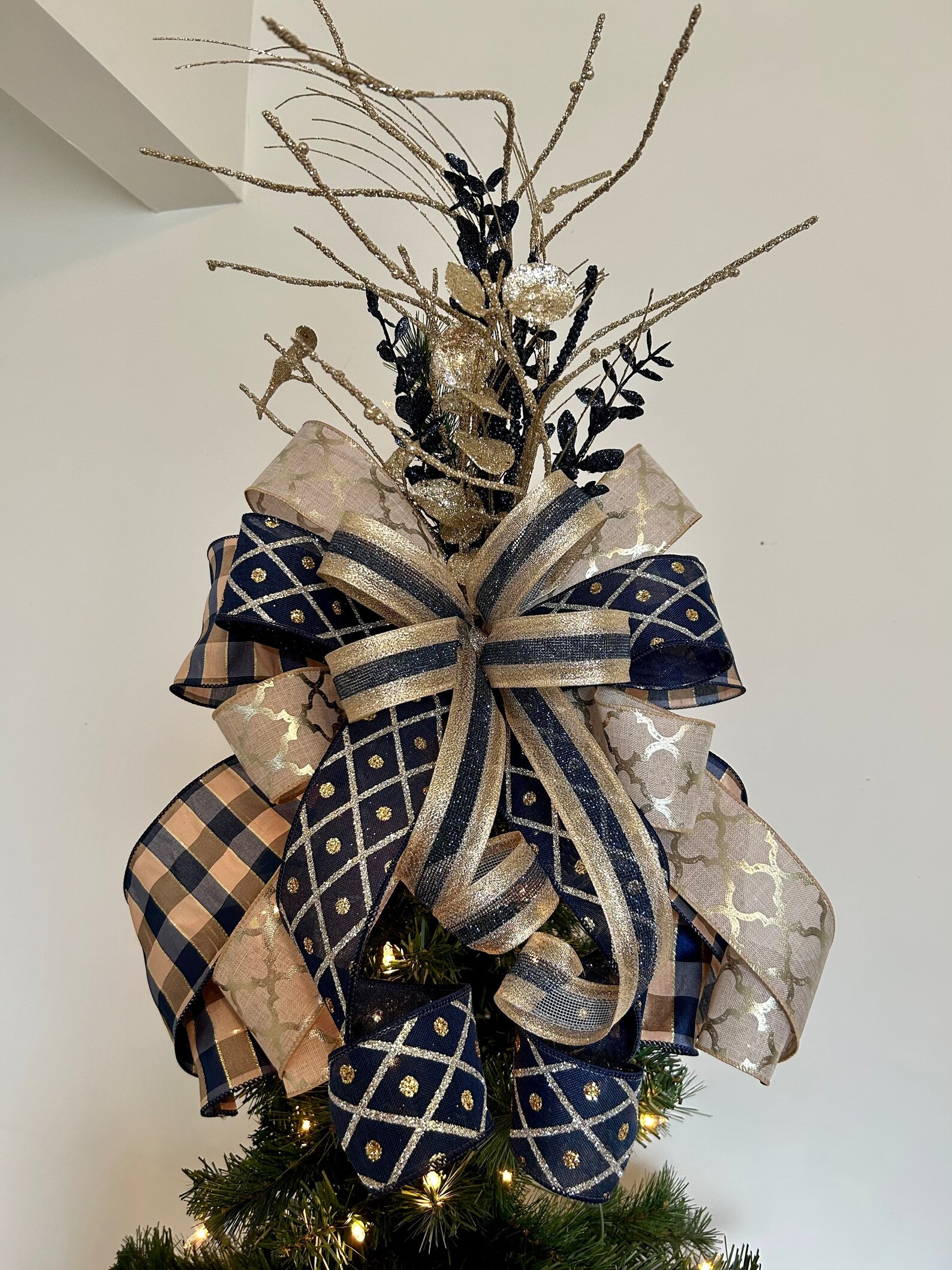 Navy and Gold Christmas Tree Bow Topper Elegant Holiday Tree - Etsy