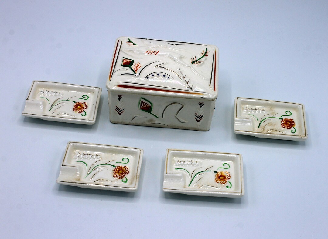 Art Deco Porcelain Cigarette Box and Ashtray Set With Leaping Gazelle ...