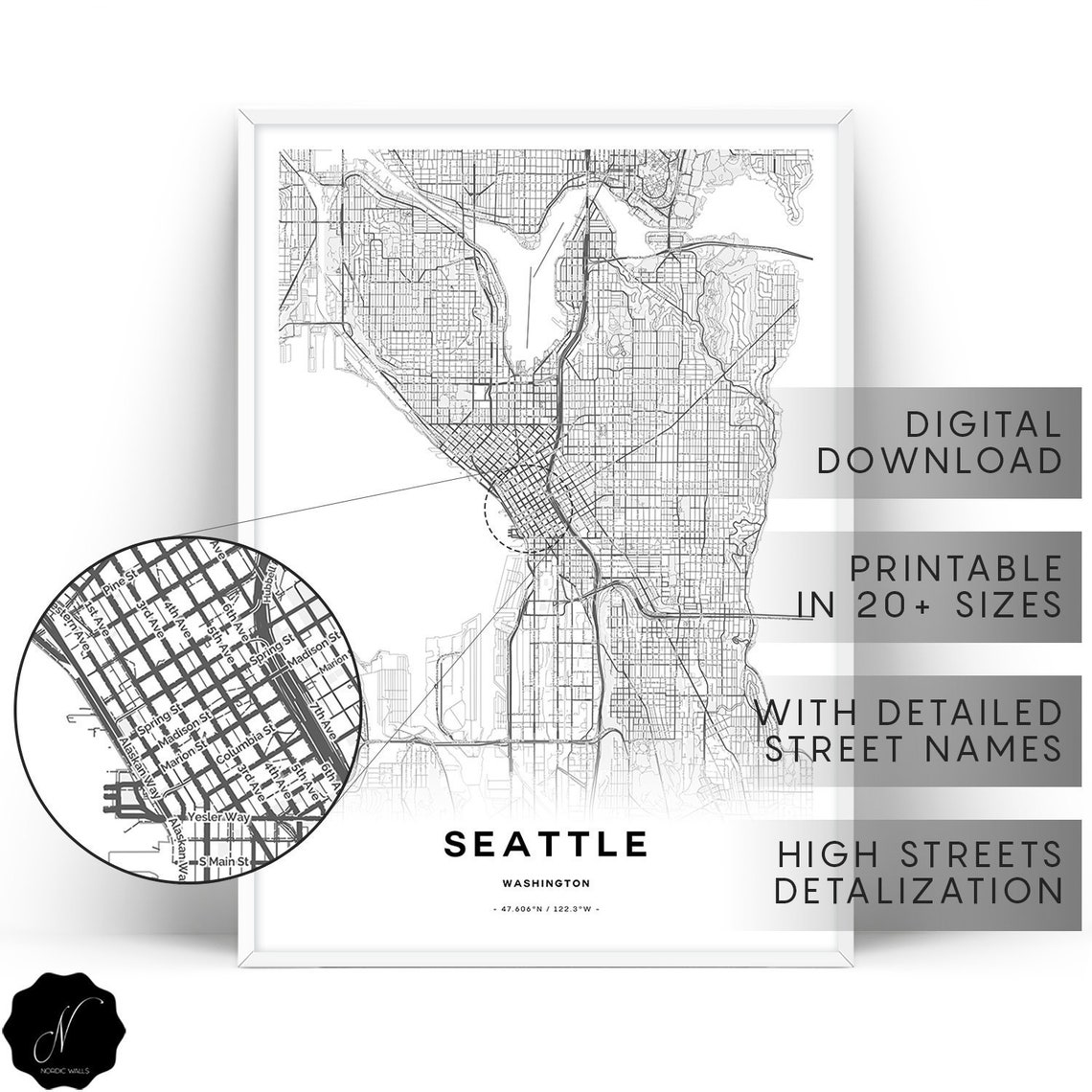 Seattle Map Print Map Gifts Printable Map of Settle Wall | Etsy