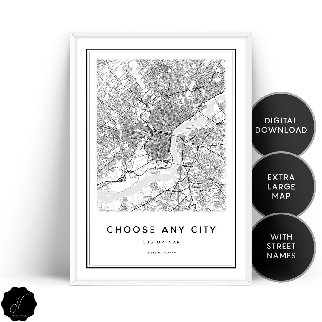 Printable Custom City Map Wall Art, Custom Street Map, Custom Map Wall ...