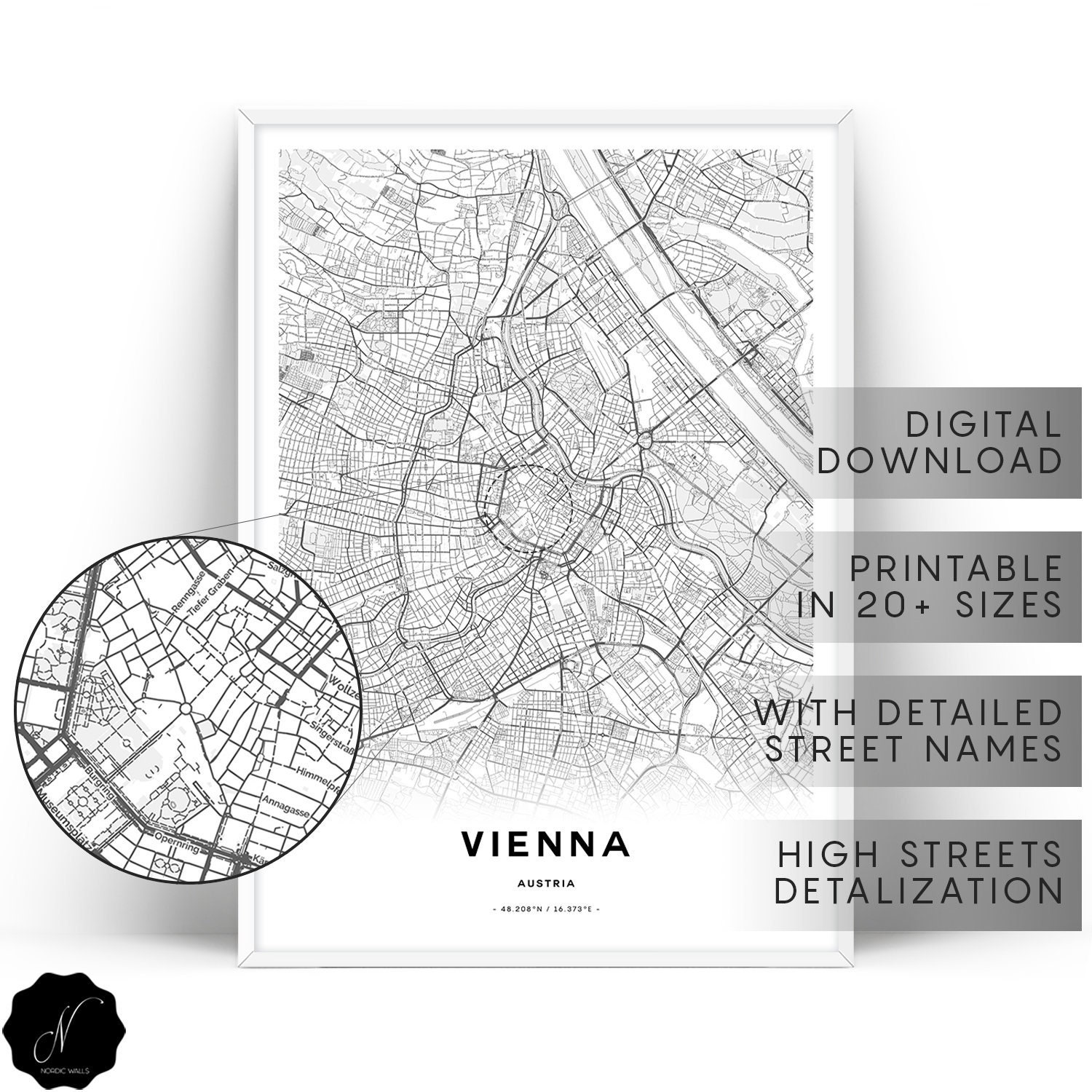 Vienna Map Printable Wall Art Map Gifts Vienna City Map Wall | Etsy