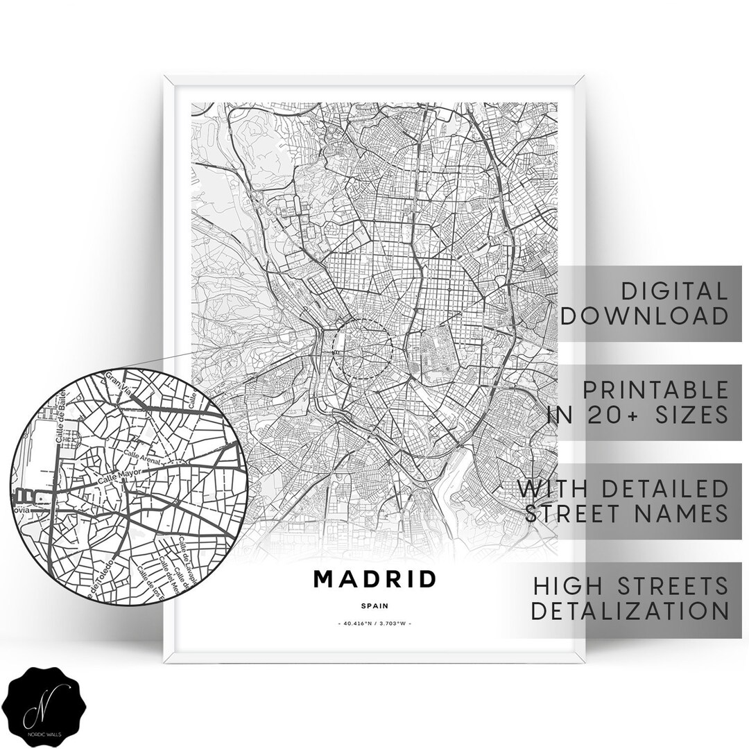 Madrid Map Print, Map as Art, Printable Map of Madrid, Map Gifts ...