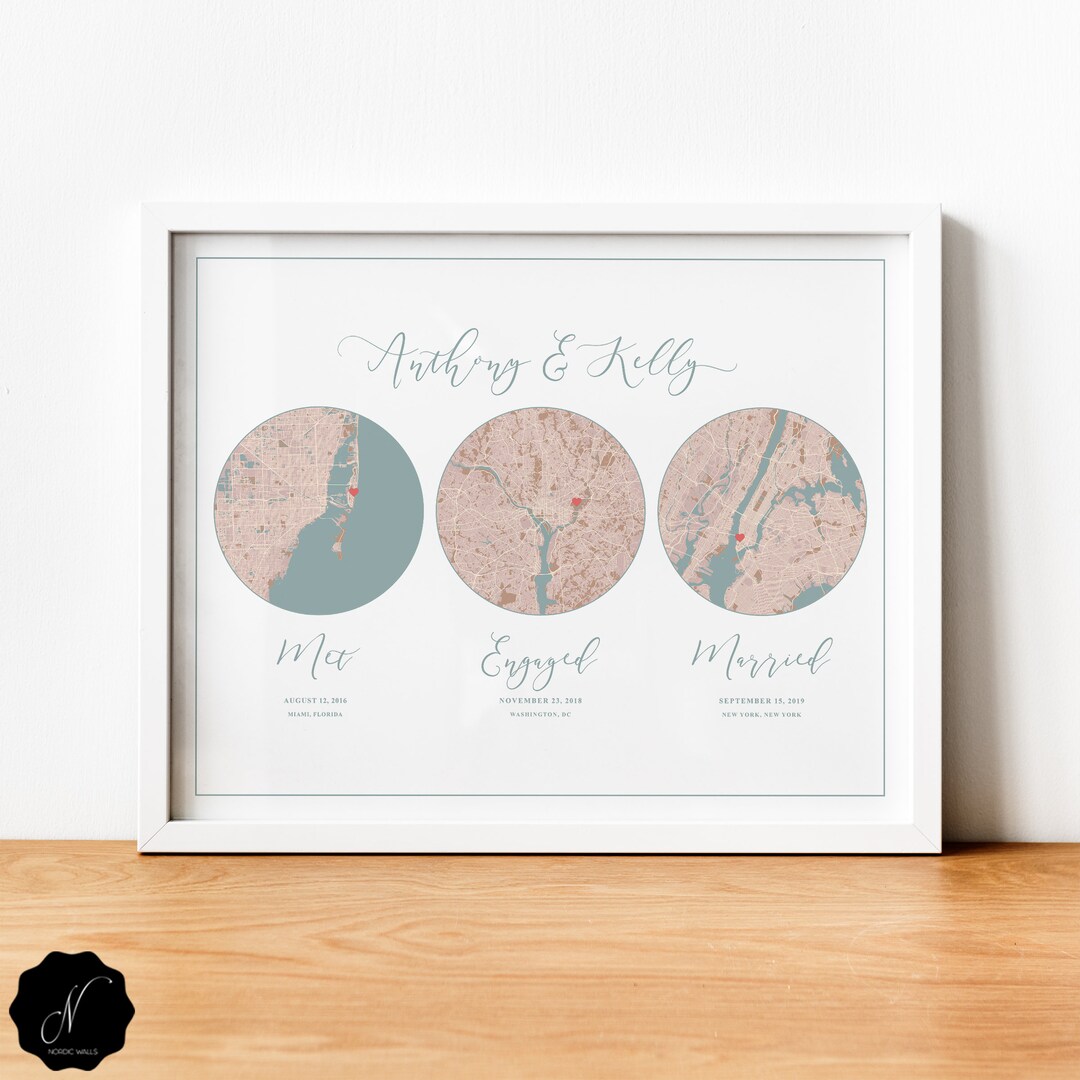 Met Engaged Married Custom Map Gift, First Anniversary Gift for Couple ...