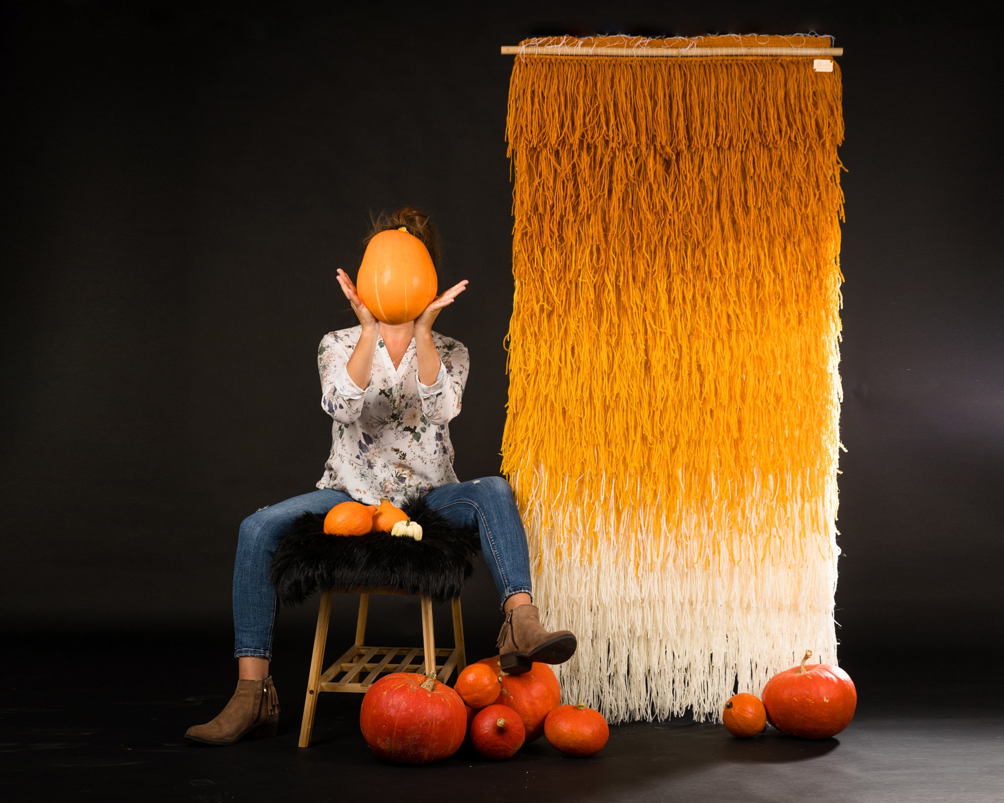 Saule - Orange Ombre Shaggy Wall Hanging - Handwoven Wool Fringe ...