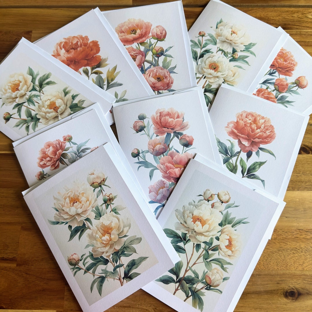 Peonies Flower Greeting Cards 10 Pack Botanical Cards | Floral Blank ...
